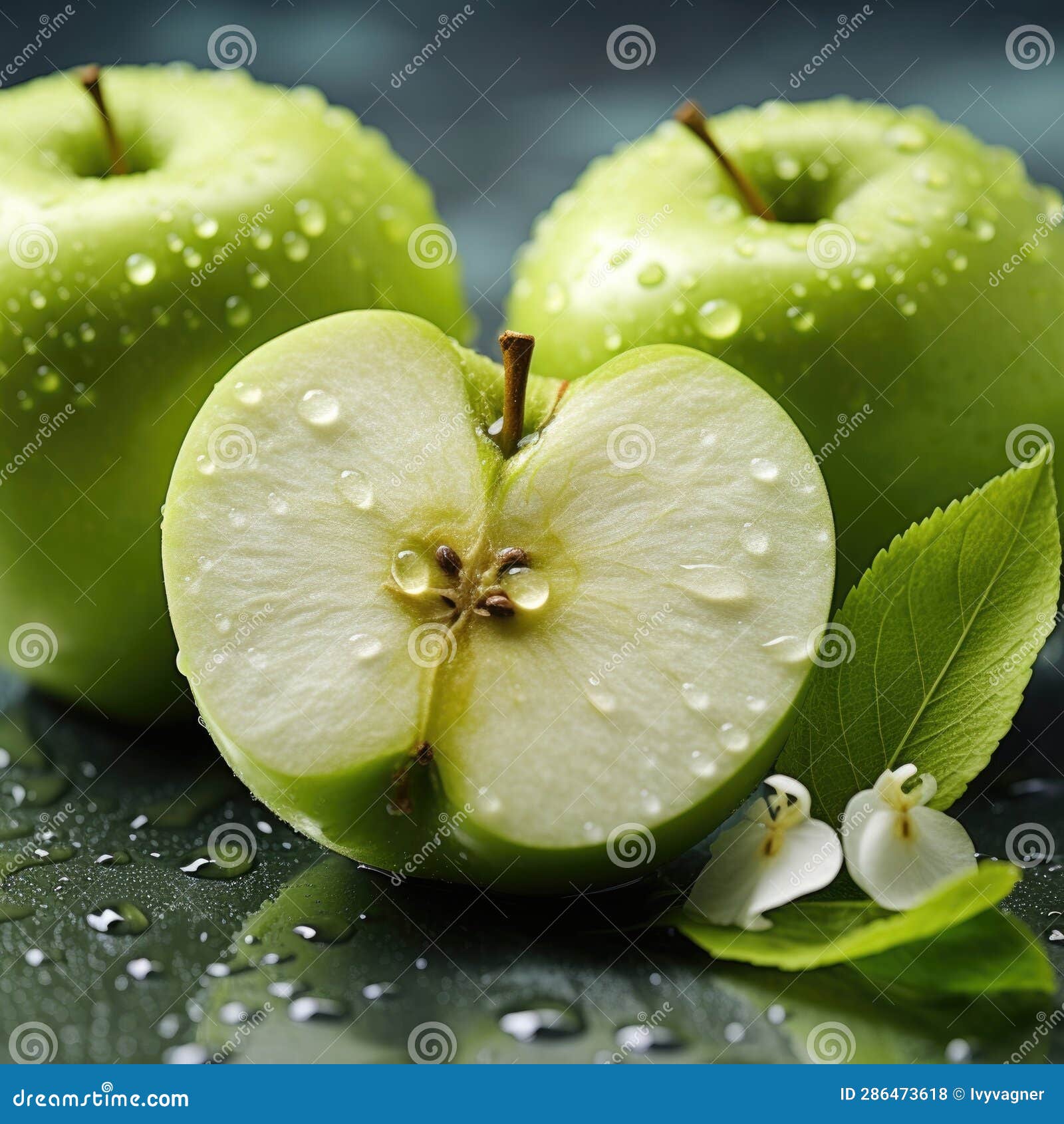 Green Apples and Apple Blossom with Water Drops on a Black Background ...