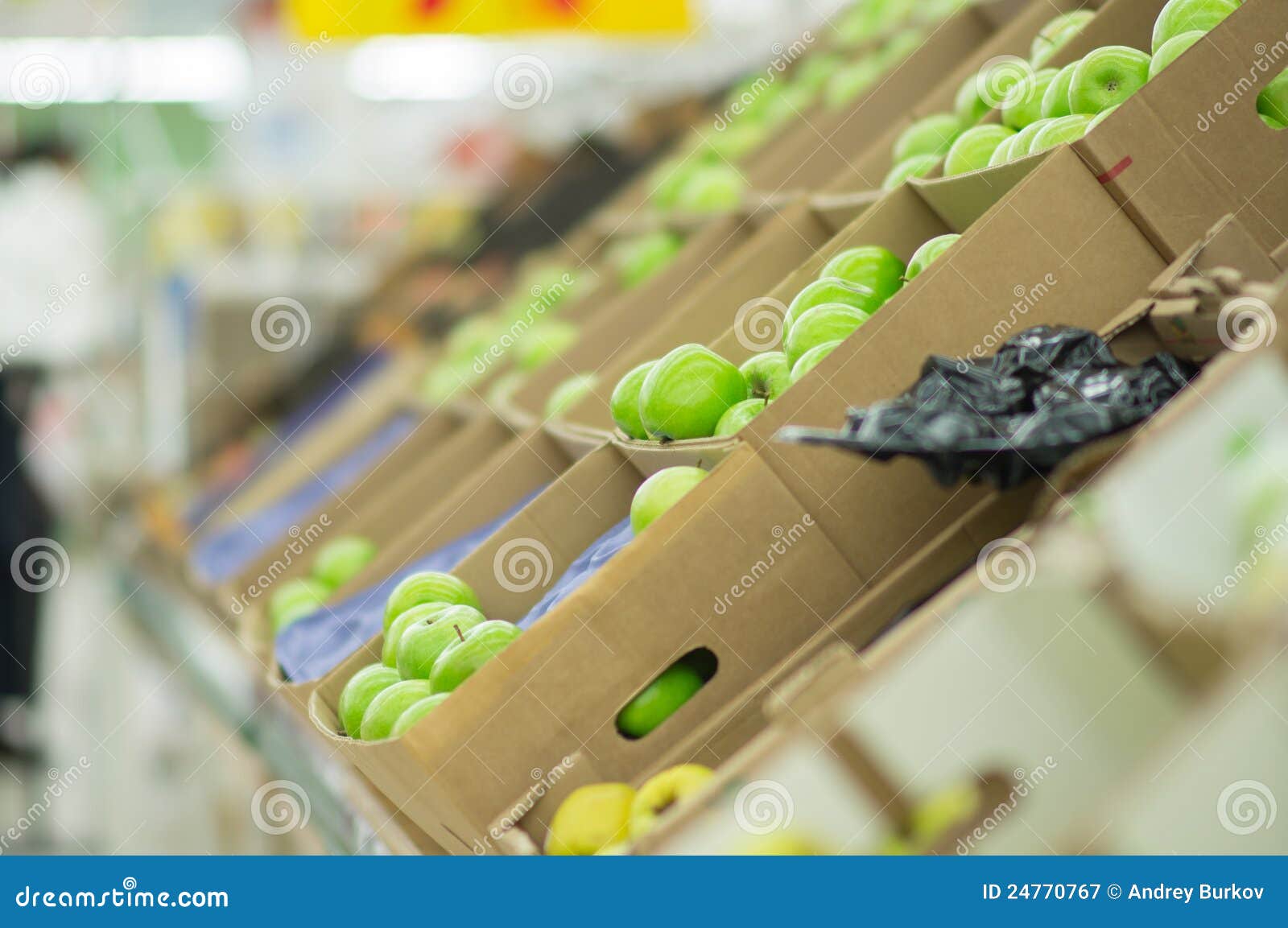 Green Apples in Box in Supermarket Stock Image - Image of product ...