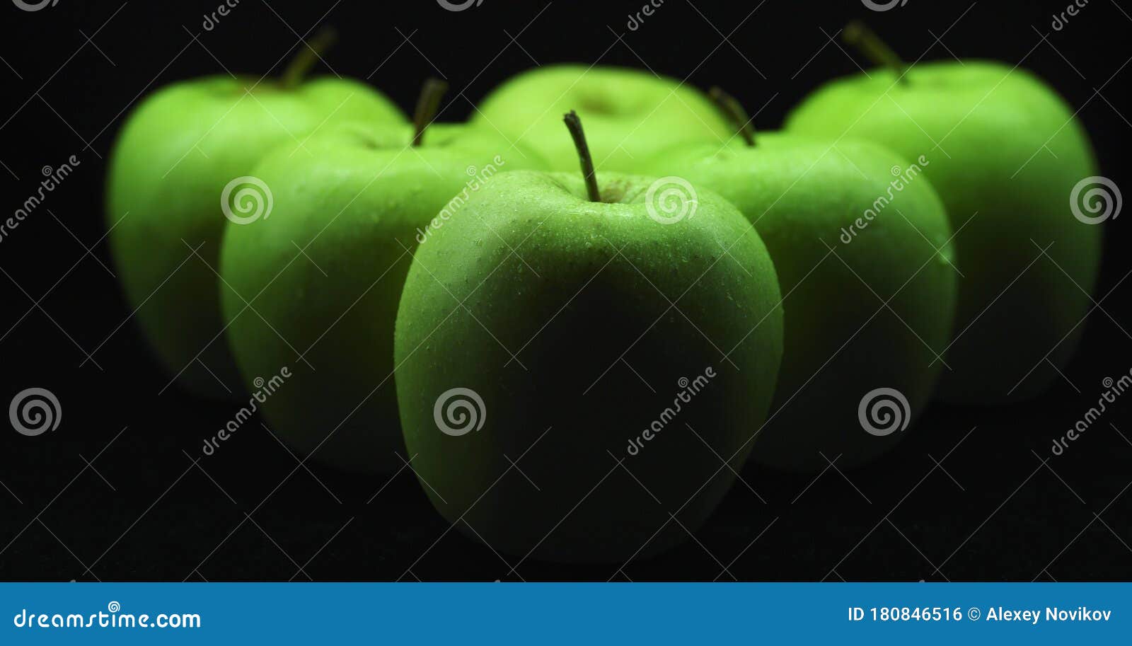 Six Green Apples with Drops of Water, Light and Shadows Stock Photo ...