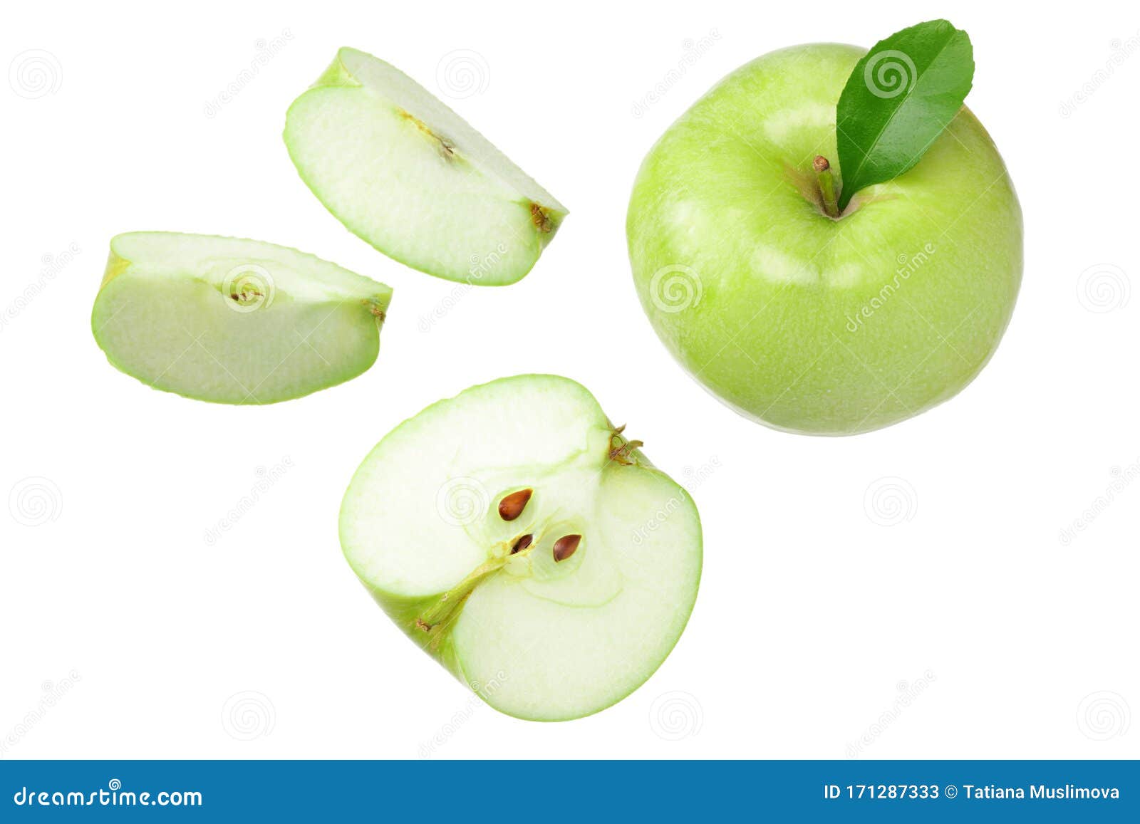Green Apples with Slices Isolated on White Background. Top View Stock ...