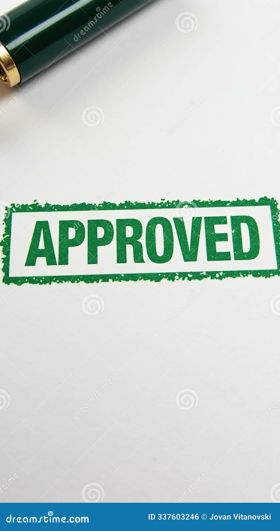 Green Approved Stamp on White Paper with a Pen Stock Illustration ...