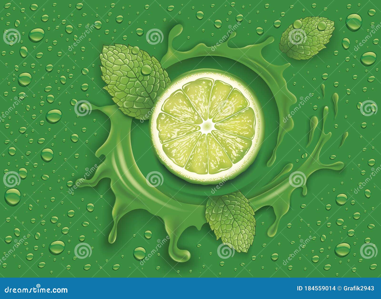 Green Background with Many Drops, Mint Leaf and Lime Slice Stock Vector ...