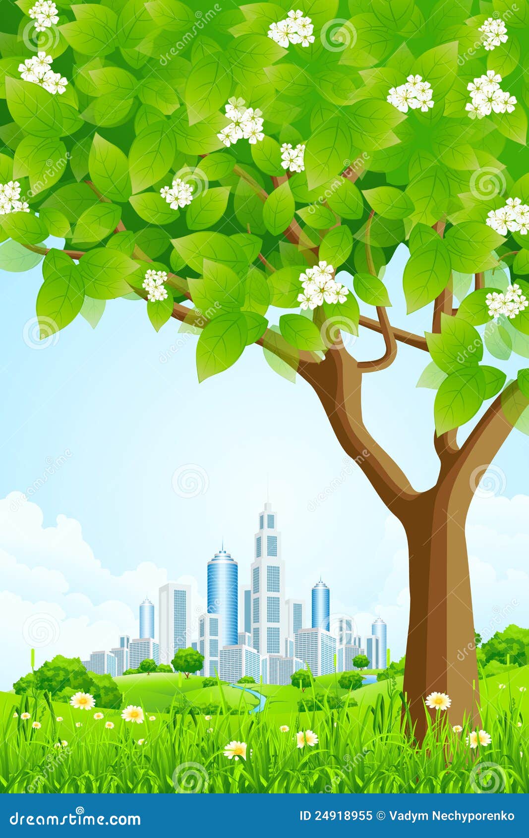 Green Background with Tree and Modern City Stock Vector - Illustration ...