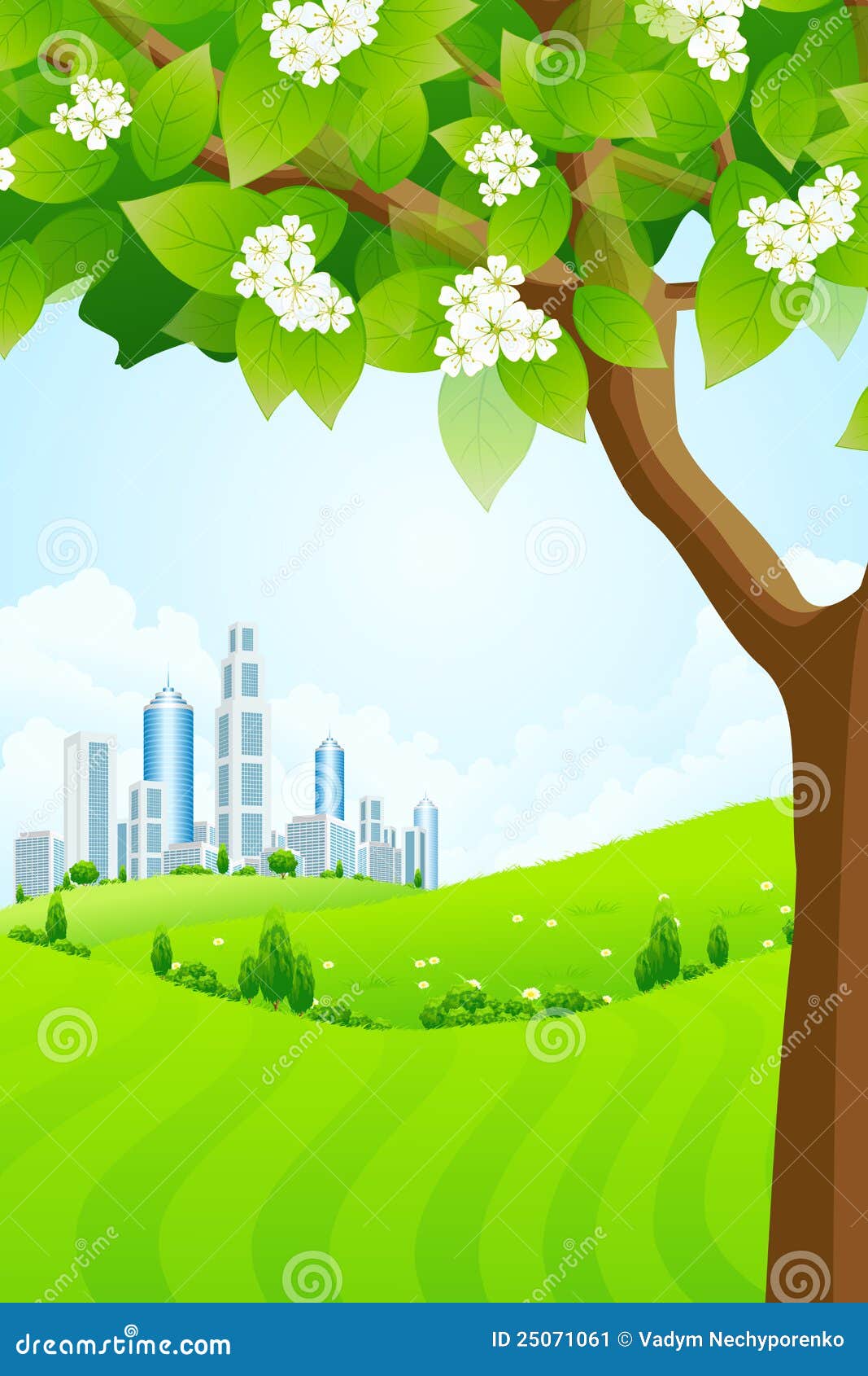 Green Background with Tree and Modern City Stock Vector - Illustration ...