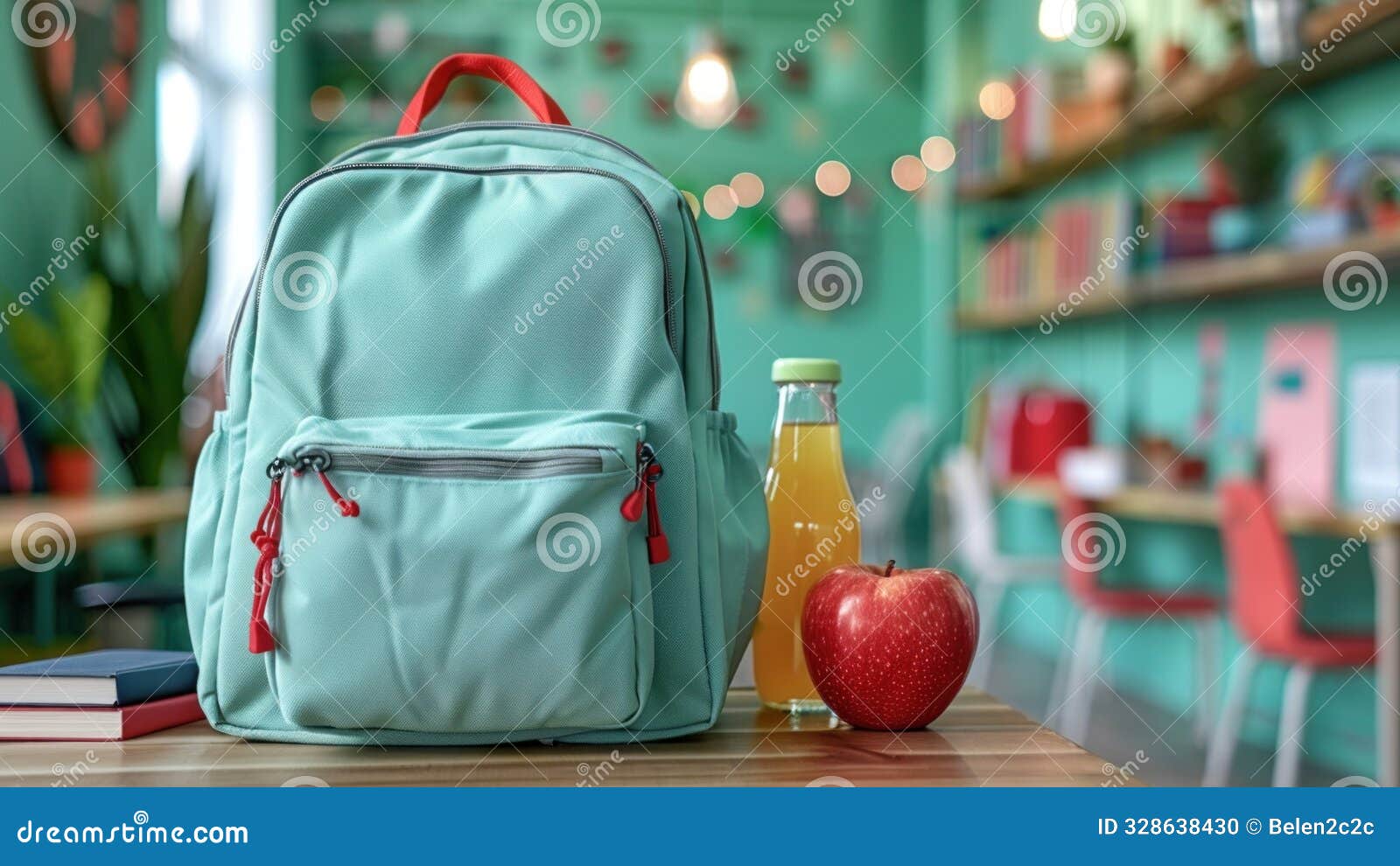 Green Backpack with Apple and Juice Stock Photo - Image of backpack ...
