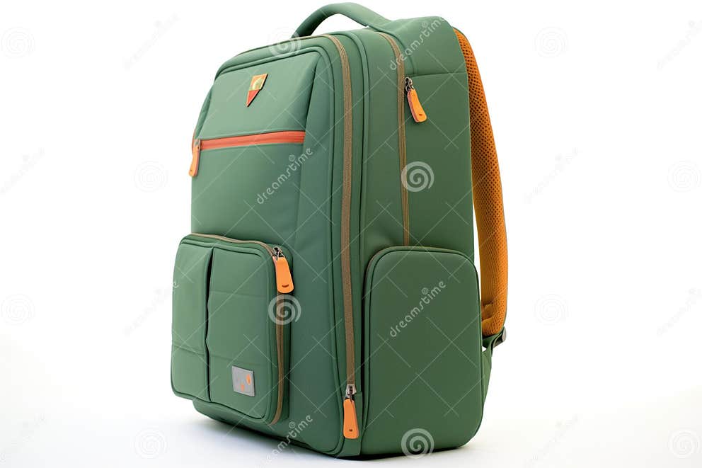 Green Backpack with Side Pockets, Profile View on White Surface Stock ...