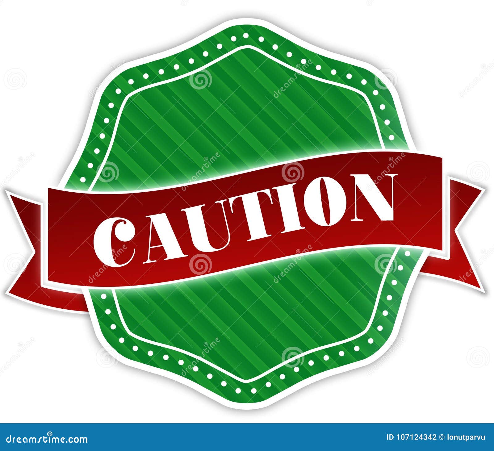 Green Badge with CAUTION Text on Red Ribbon. Stock Illustration ...