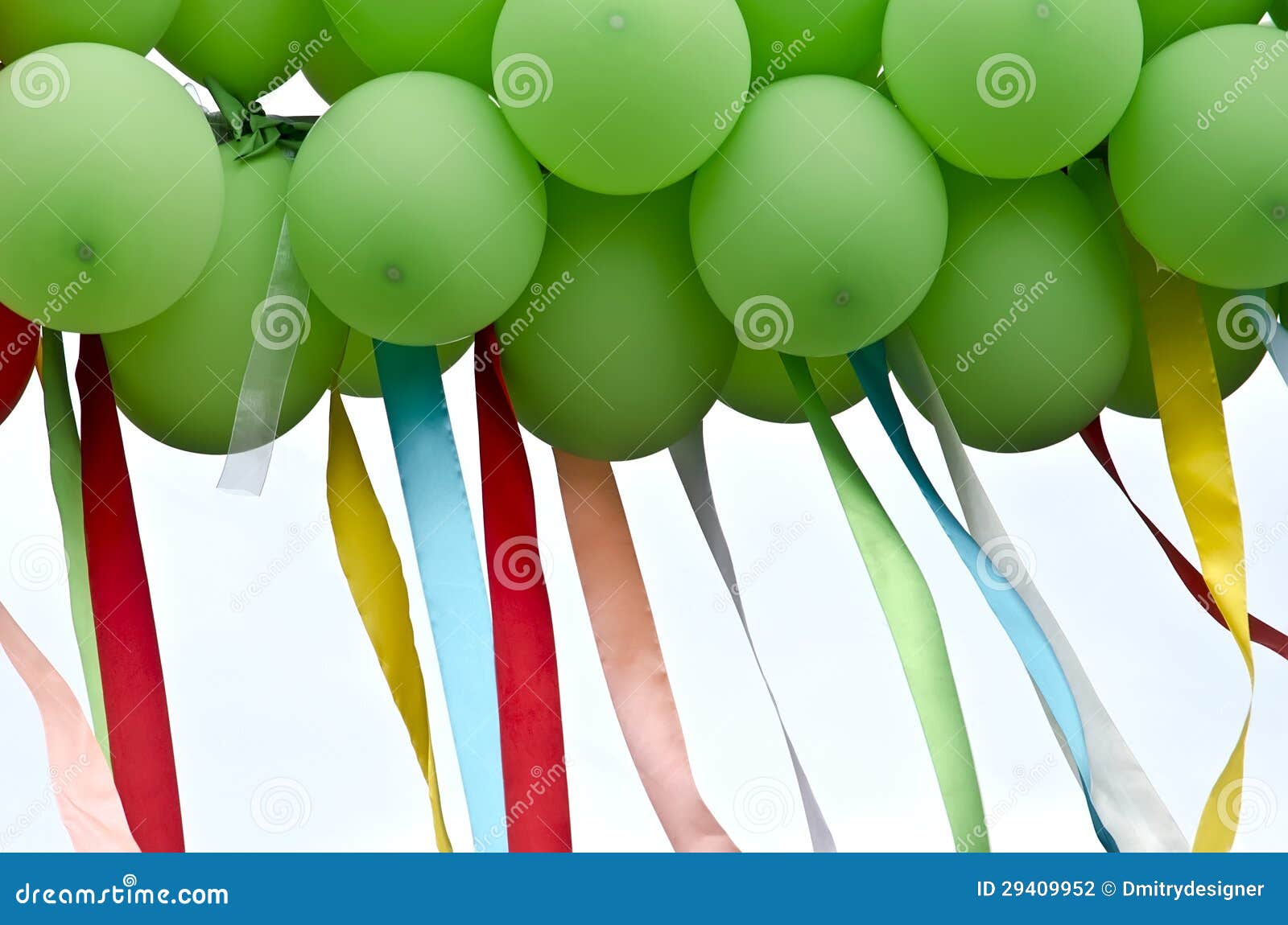 Green Balloons with Developing Colorful Ribbons Stock Photo - Image of ...