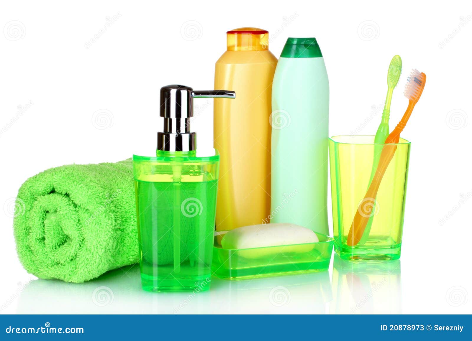 Green Bathroom Accessories, Shampoo and Towel Stock Image - Image of ...