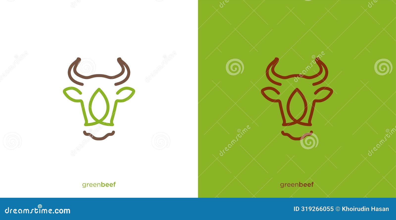 Simple Green Beef Logo Design. Cow Head and Leaf with Line Art Outline ...
