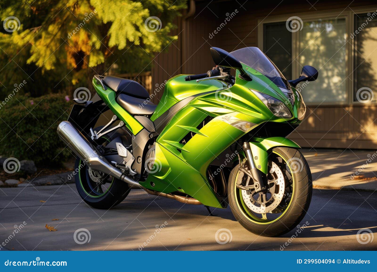 Green Beginner Motorcycle Parked on a Sunny Driveway Stock Photo ...