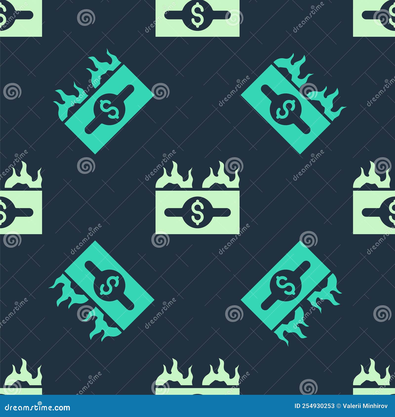 Green and Beige Burning Dollar Bill Icon Isolated Seamless Pattern on Blue Background. Dollar ...