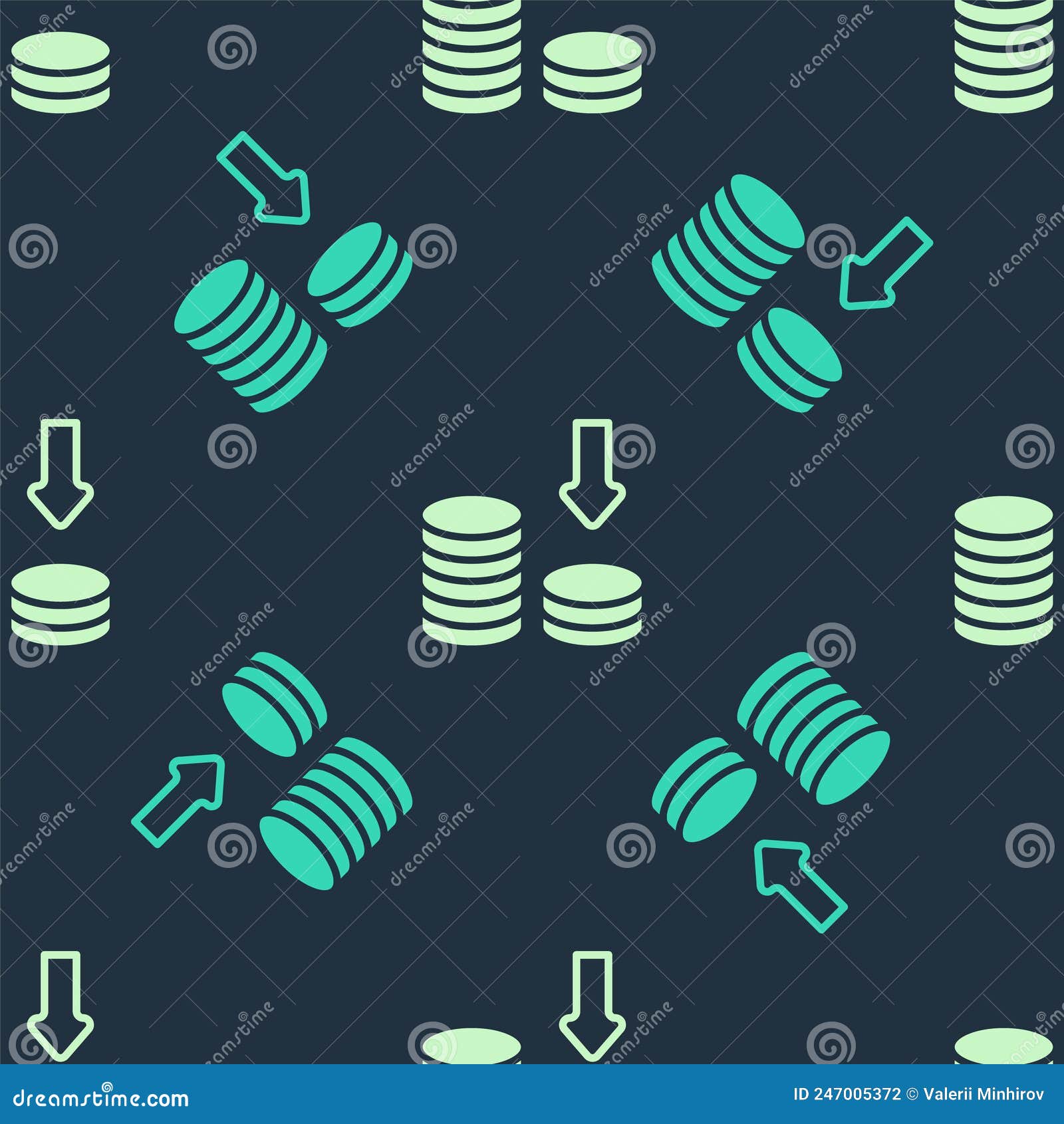 Green and Beige Dollar Rate Decrease Icon Isolated Seamless Pattern on Blue Background. Cost ...