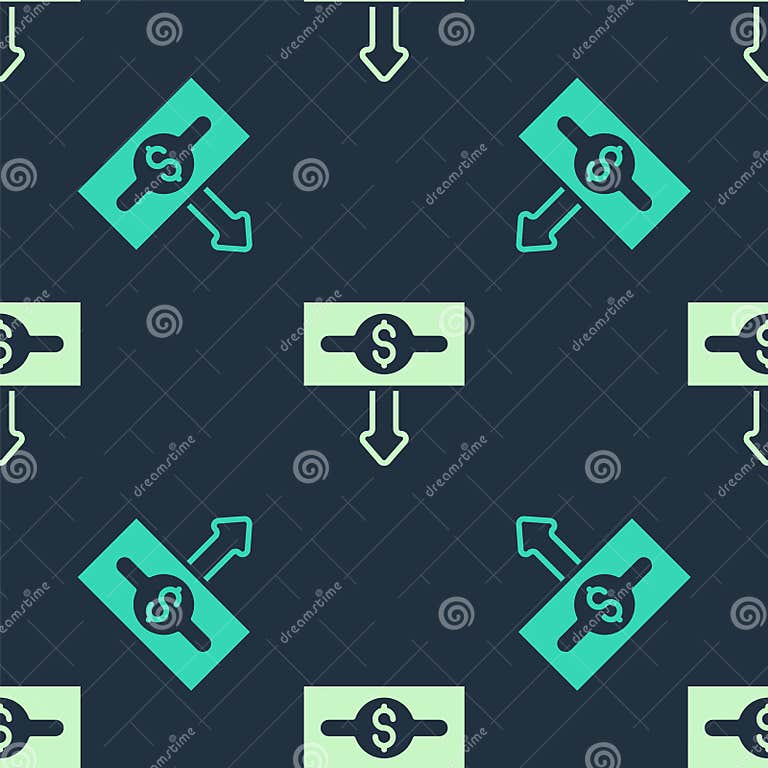 Green and Beige Dollar Rate Decrease Icon Isolated Seamless Pattern on Blue Background. Cost ...