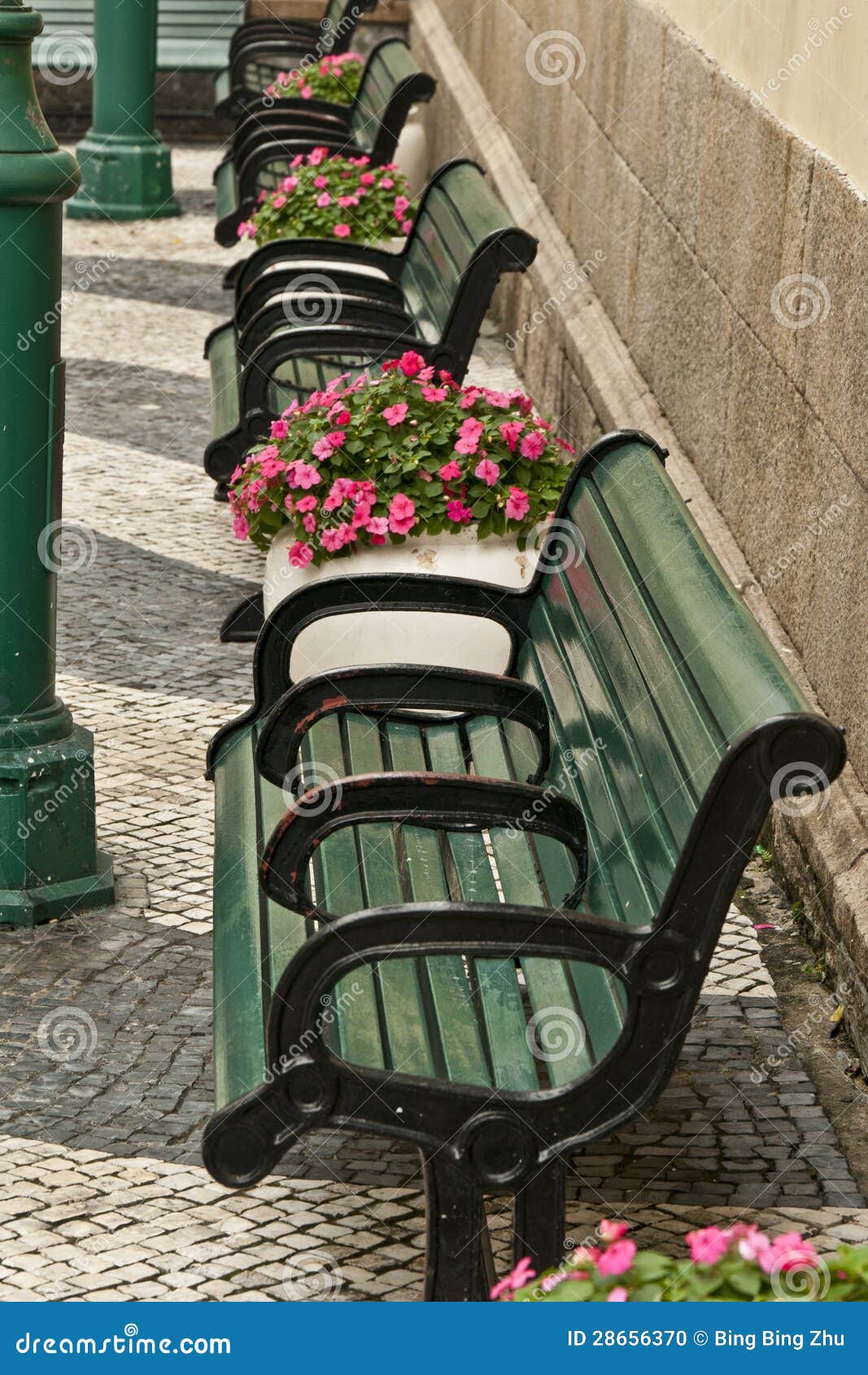 Green benches stock photo. Image of detail, green, long - 28656370