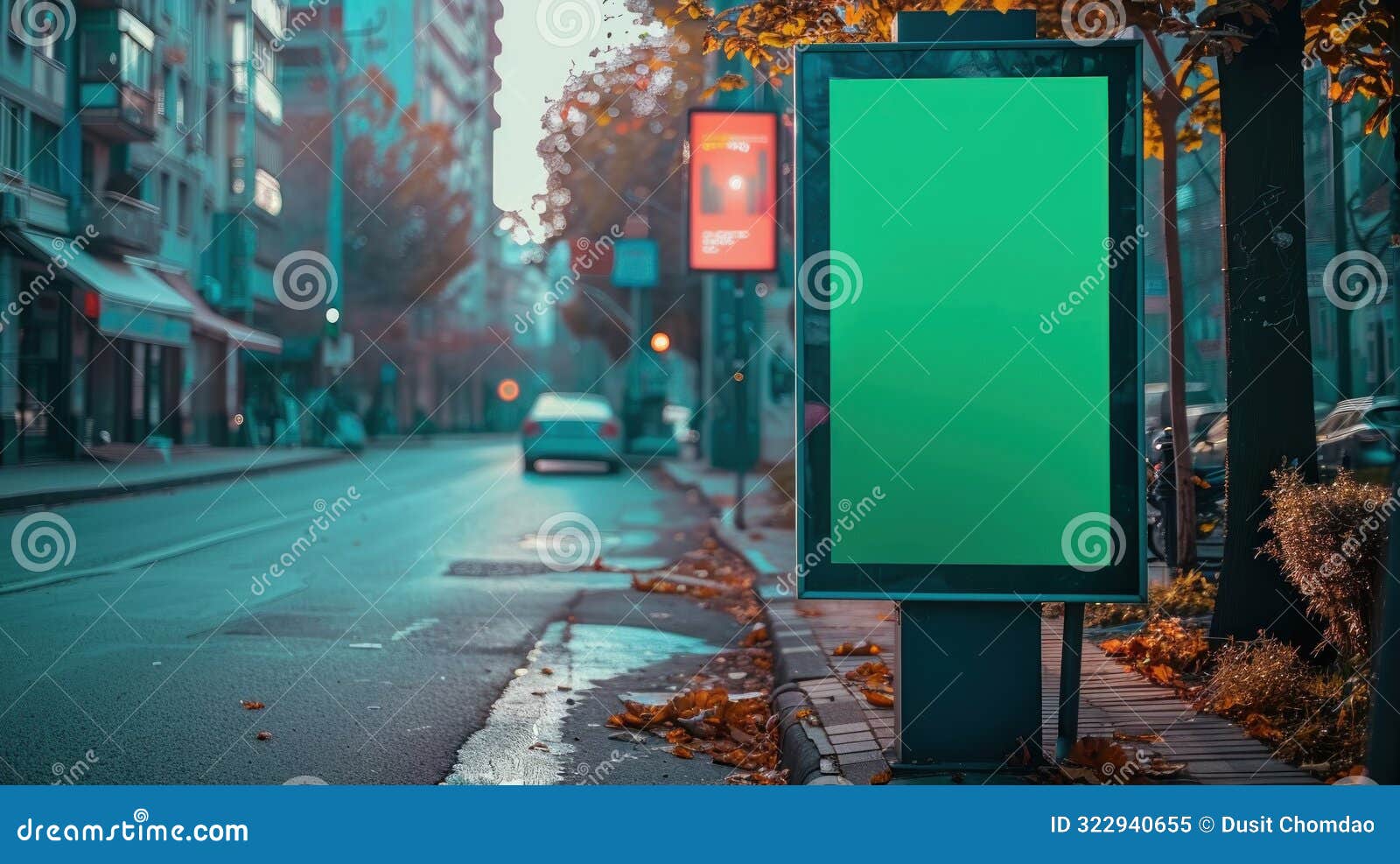A Green Billboard is Standing in the Middle of a City Street Stock ...