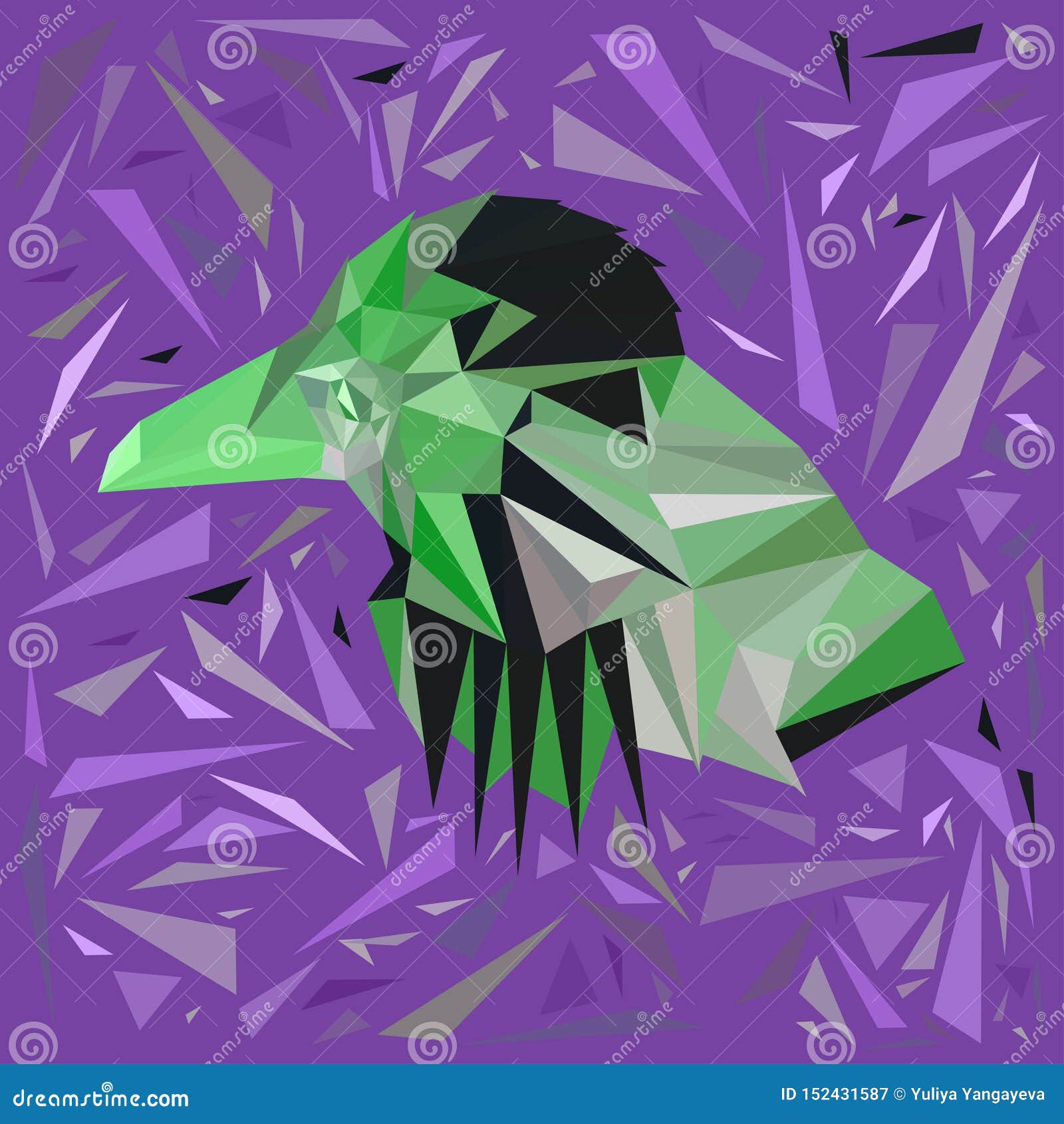 Green Bird in a Frame of Scattered Purple Triangles Stock Vector ...
