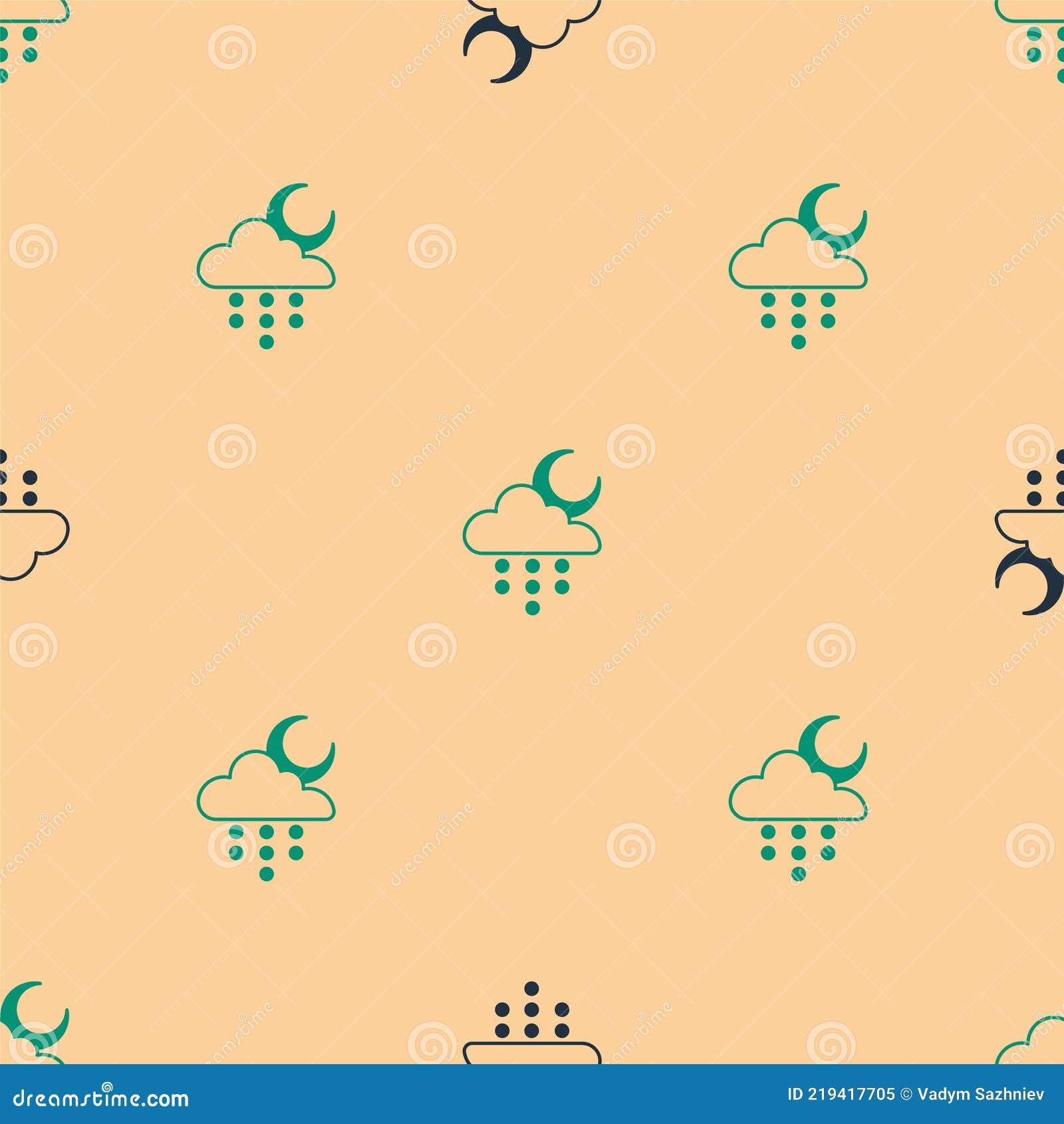 Green and Black Cloud with Rain and Moon Icon Isolated Seamless Pattern ...