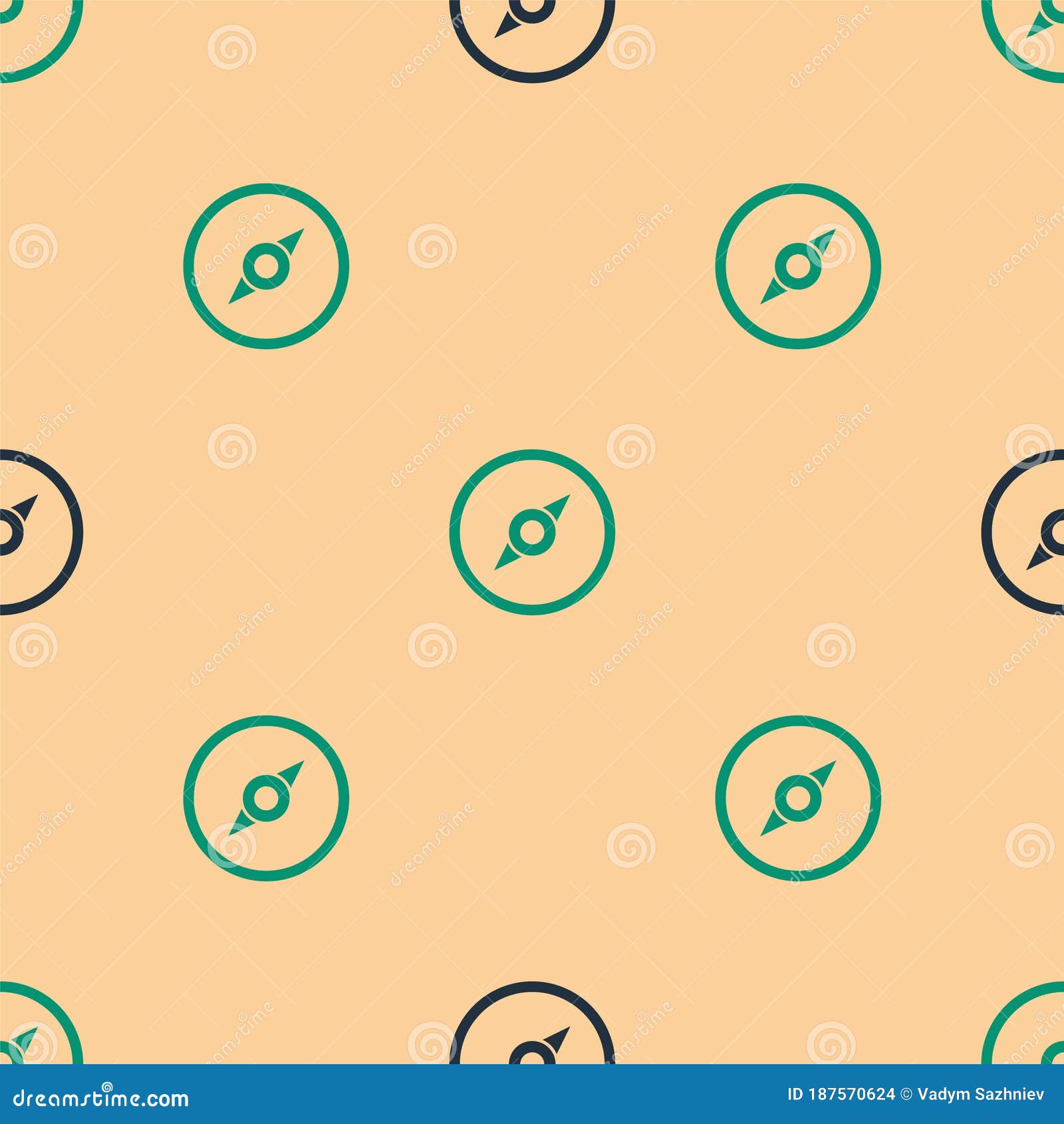 Green And Black Compass Icon Isolated Seamless Pattern On Beige