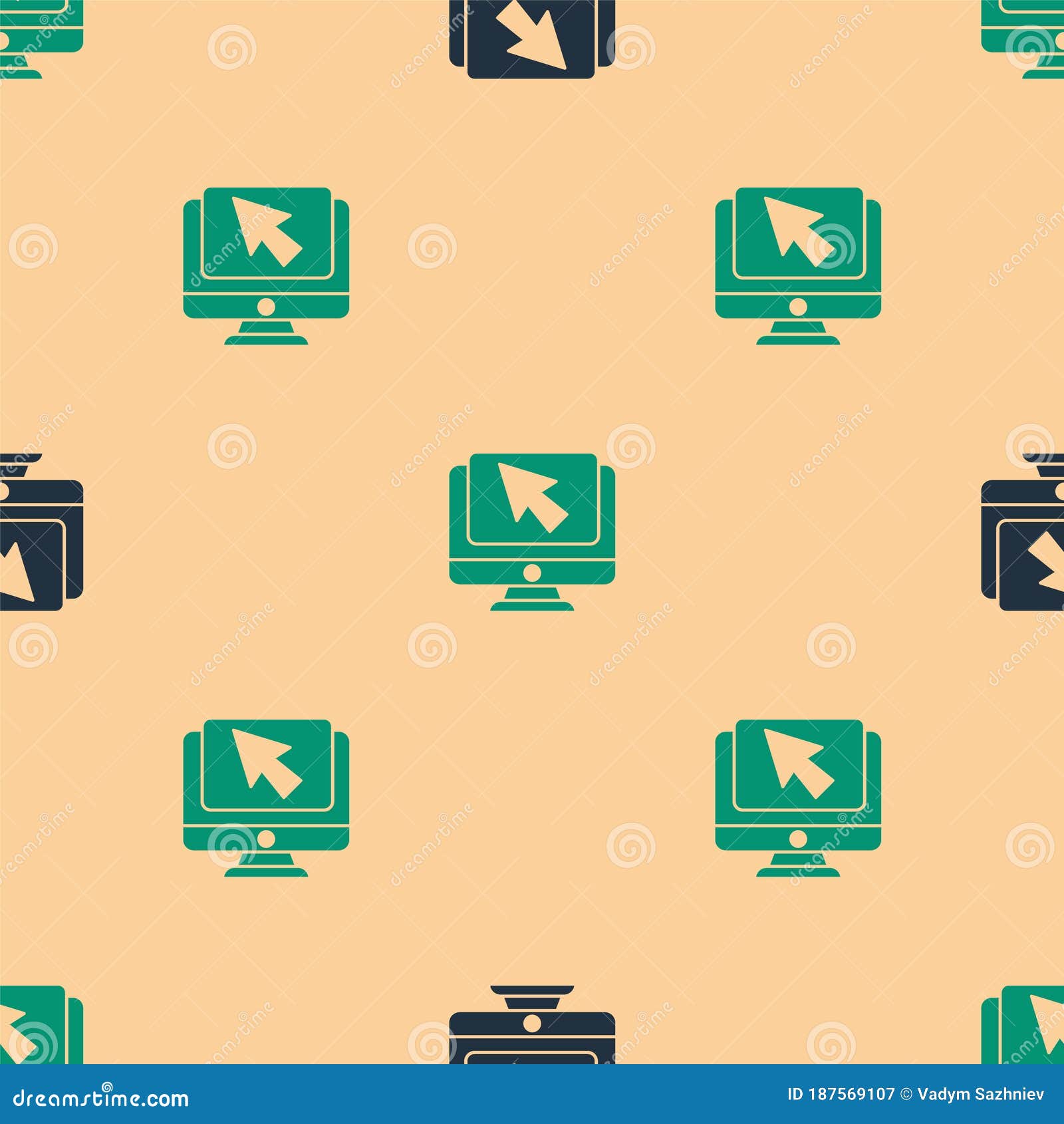 Green and Black Computer Monitor and Cursor Icon Isolated Seamless ...