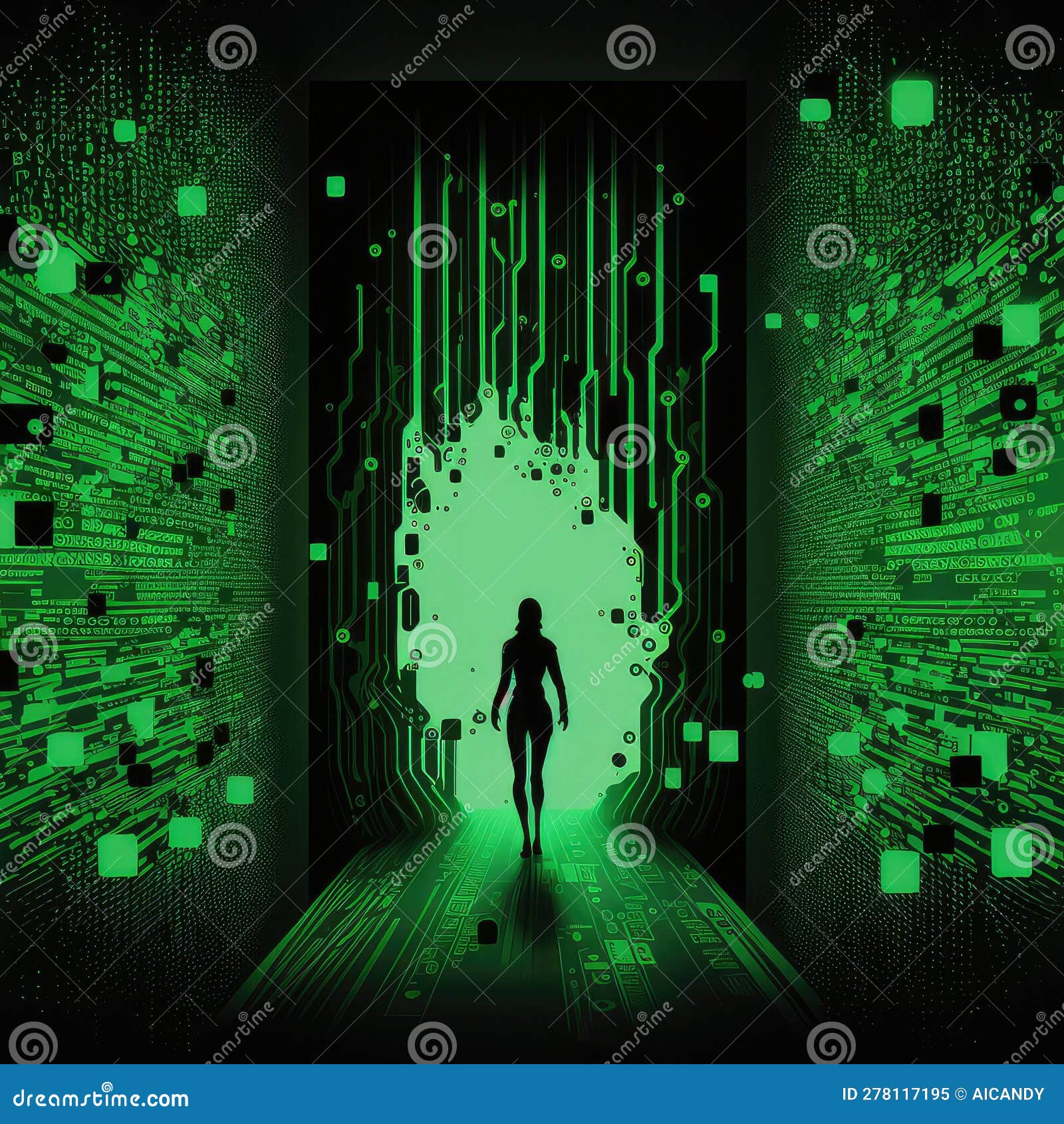 Green and Black Matrix Code Raining Down on a Virtual World with ...