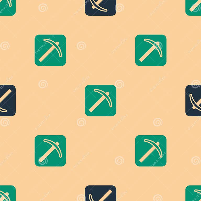 Green and Black Pickaxe Icon Isolated Seamless Pattern on Beige ...