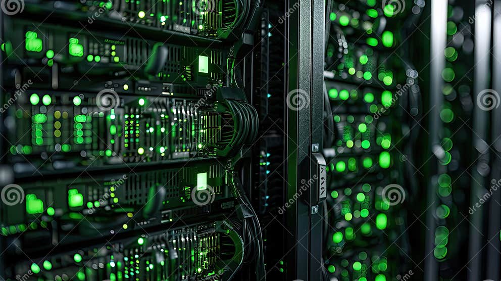 A Green and Black Server Rack Against a Softly Blurred Background ...