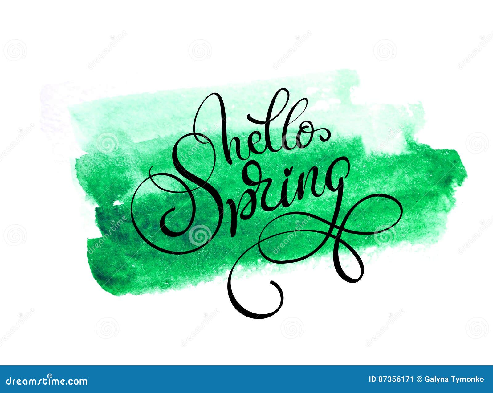 Green Blob on a White Background and Text Hello Spring. Calligraphy ...
