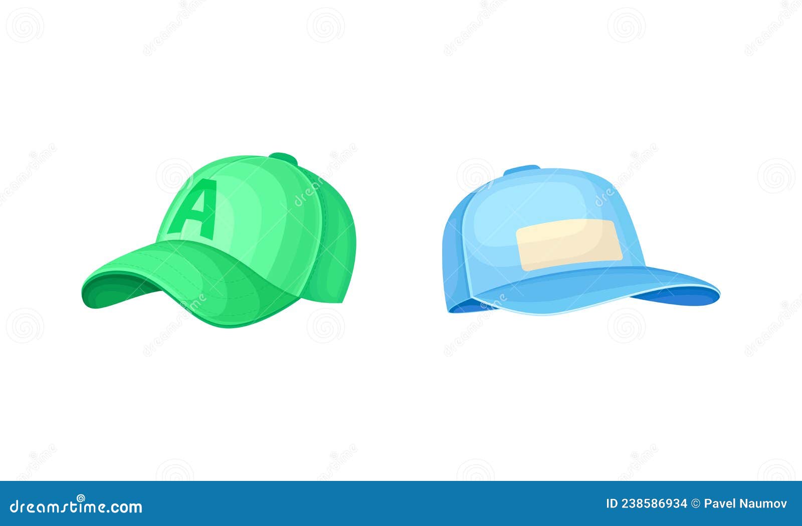 Green and Blue Baseball Caps Set Vector Illustration on White ...