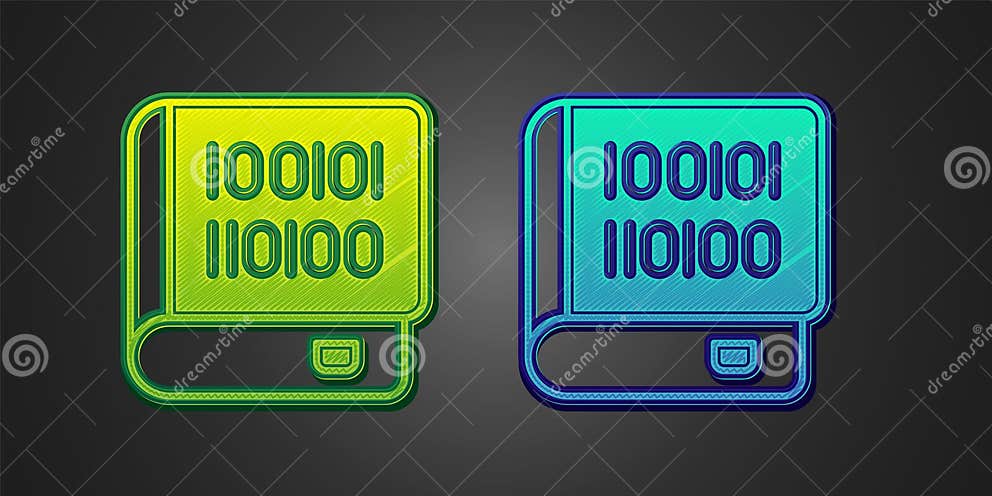 Green and Blue Books about Programming Icon Isolated on Black Background. Programming Language ...
