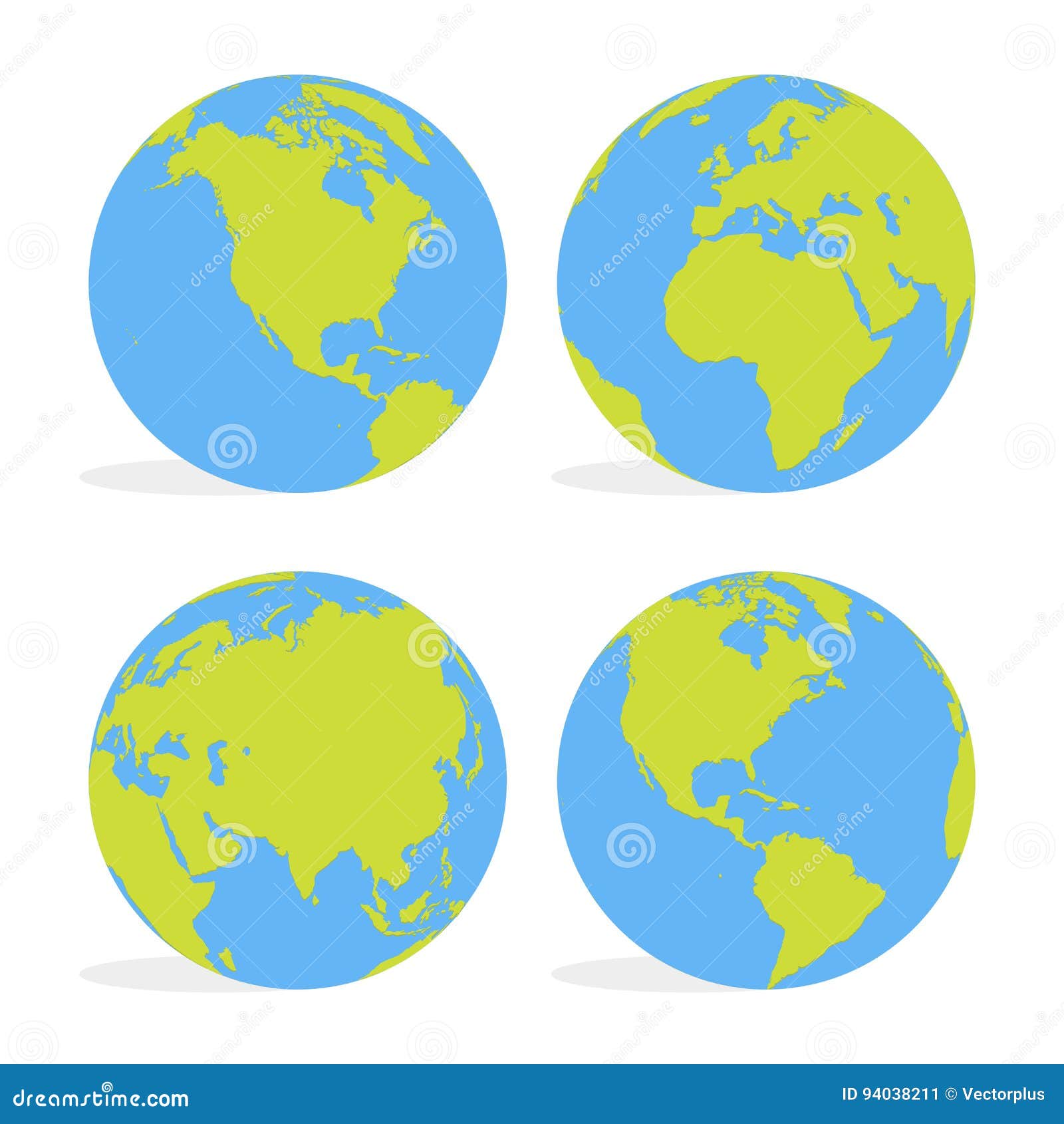 Green and Blue Cartoon World Map Globe Set Vector Illustration Stock ...