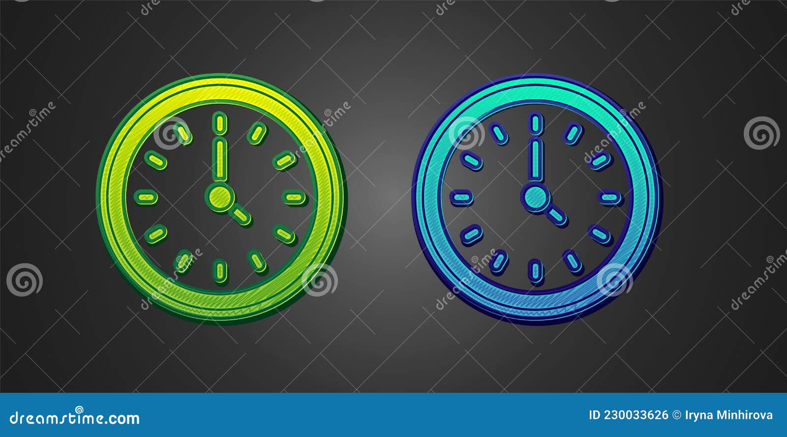 Green and Blue Clock Icon Isolated on Black Background. Time Symbol ...