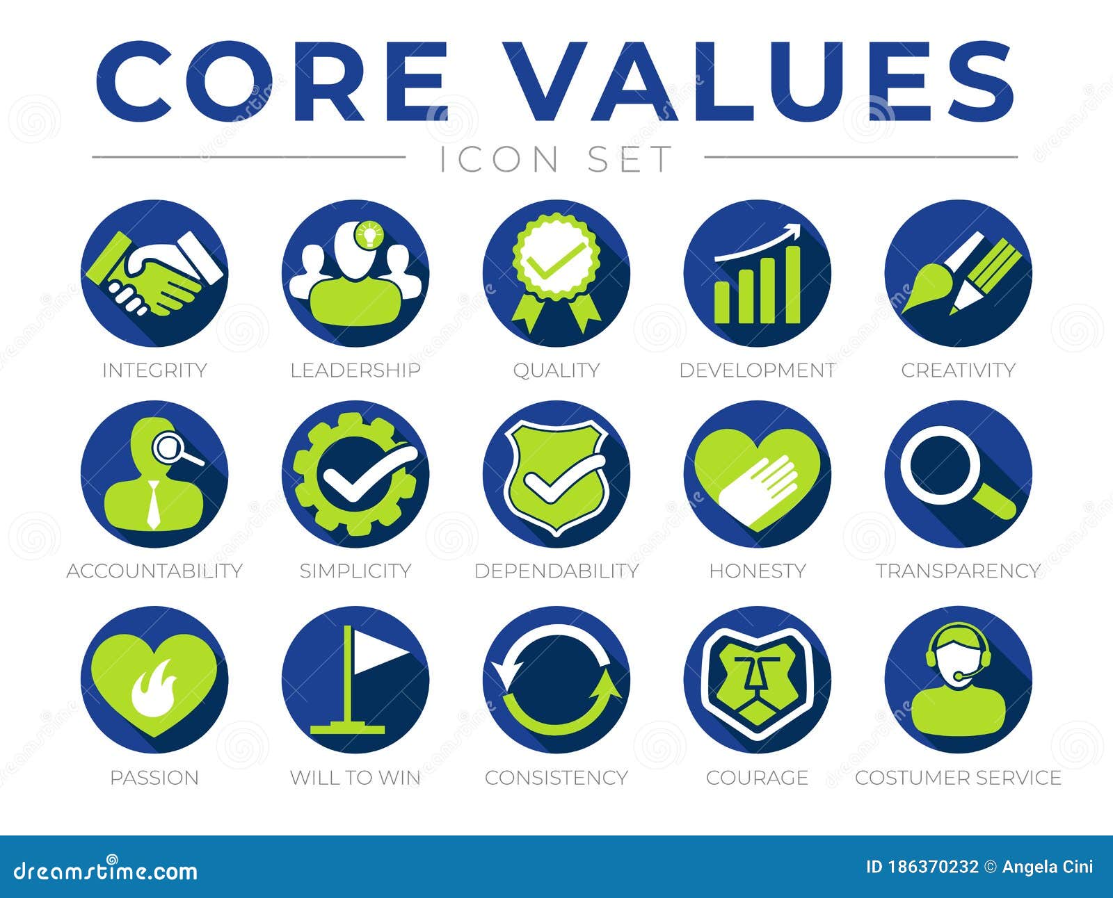 Green Blue Company Core Values Round Web Icon Set. Integrity ...