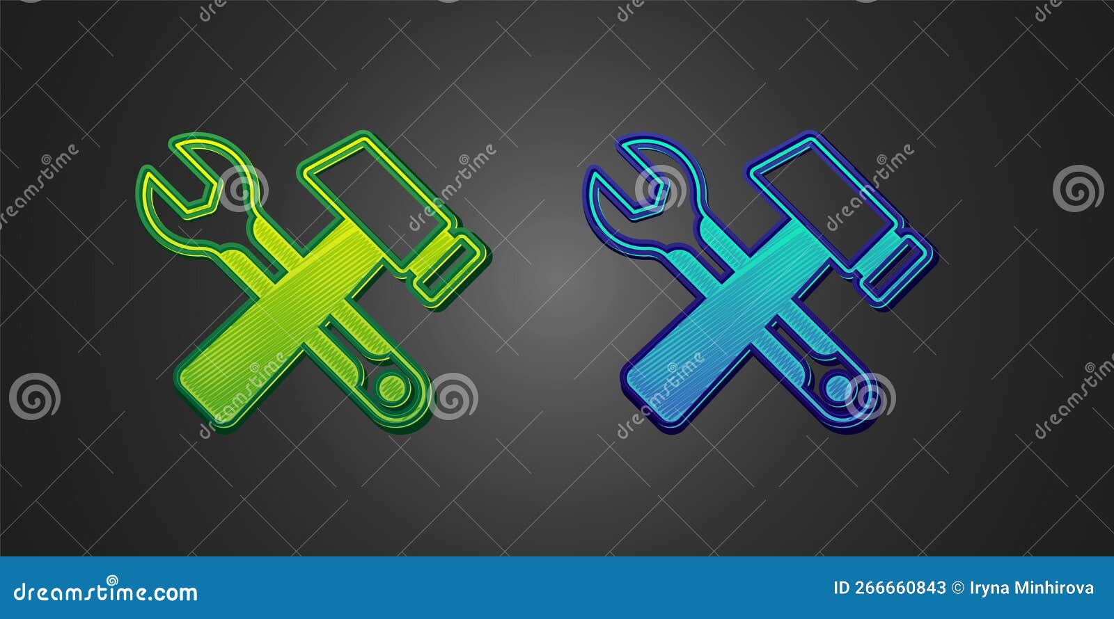 Green and Blue Crossed Hammer and Wrench Spanner Icon Isolated on Black ...