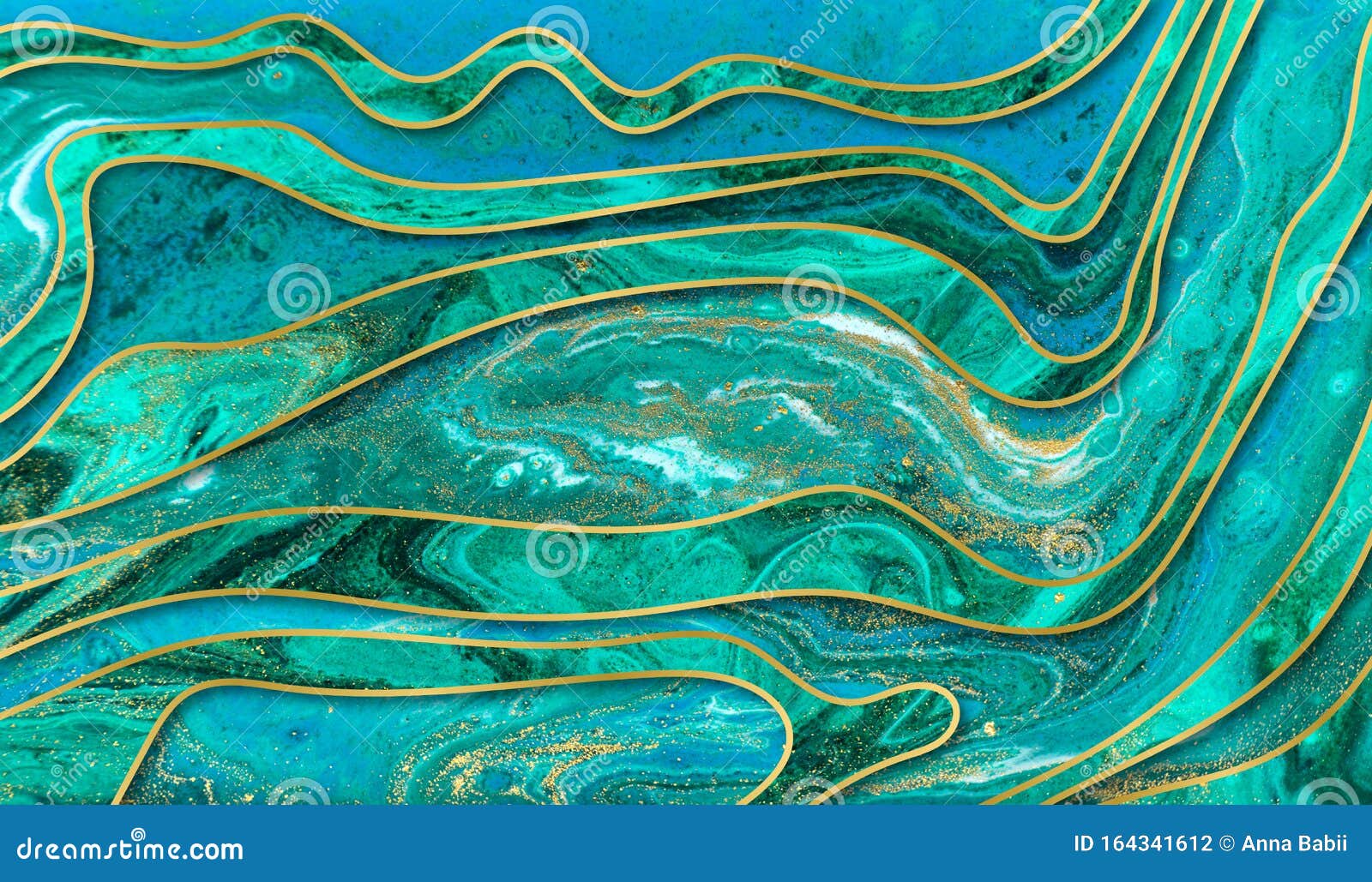 Green, Blue and Gold Ripple Pattern. Marble Texture with Layers. Gold ...