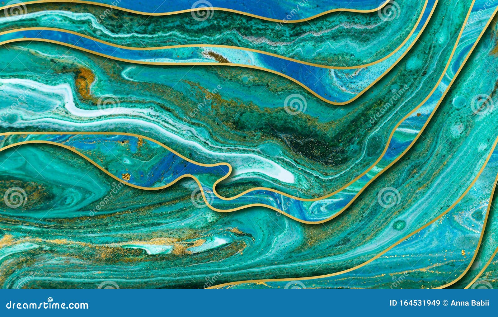 Green, Blue and Gold Ripple Pattern. Marble Texture with Layers. Gold ...