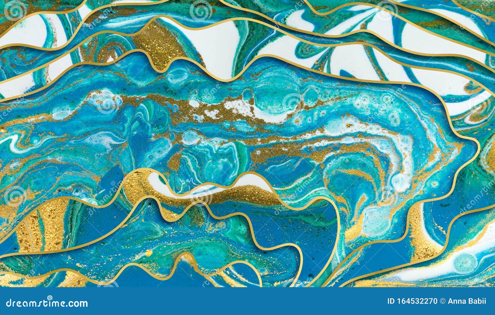Green, Blue and Gold Ripple Pattern. Marble Texture with Layers. Gold ...