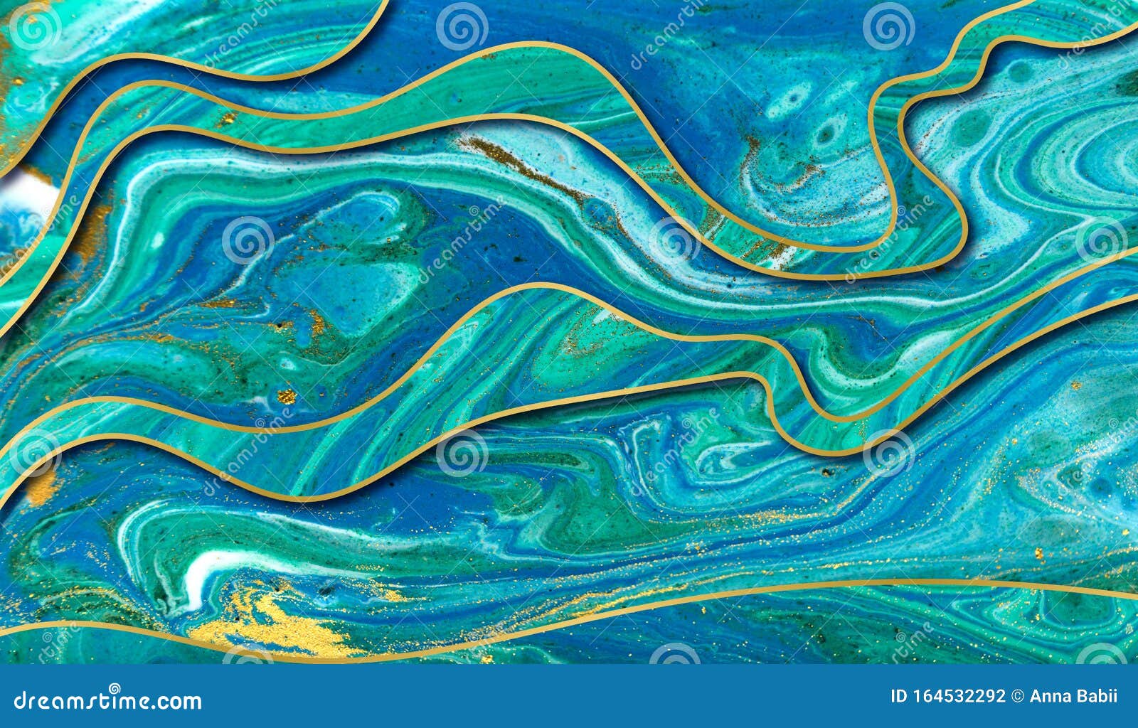 Green, Blue and Gold Ripple Pattern. Marble Texture with Layers. Gold ...