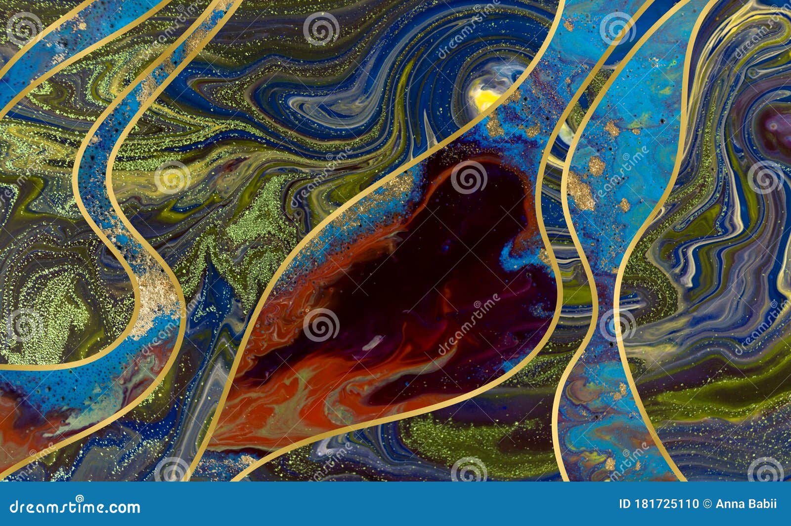 Green, Blue and Gold Ripple Pattern. Marble Texture with Layers. Gold ...