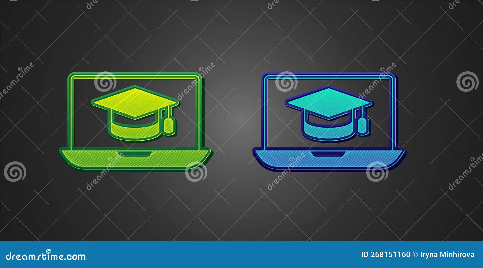 Green and Blue Graduation Cap on Screen Laptop Icon Isolated on Black ...