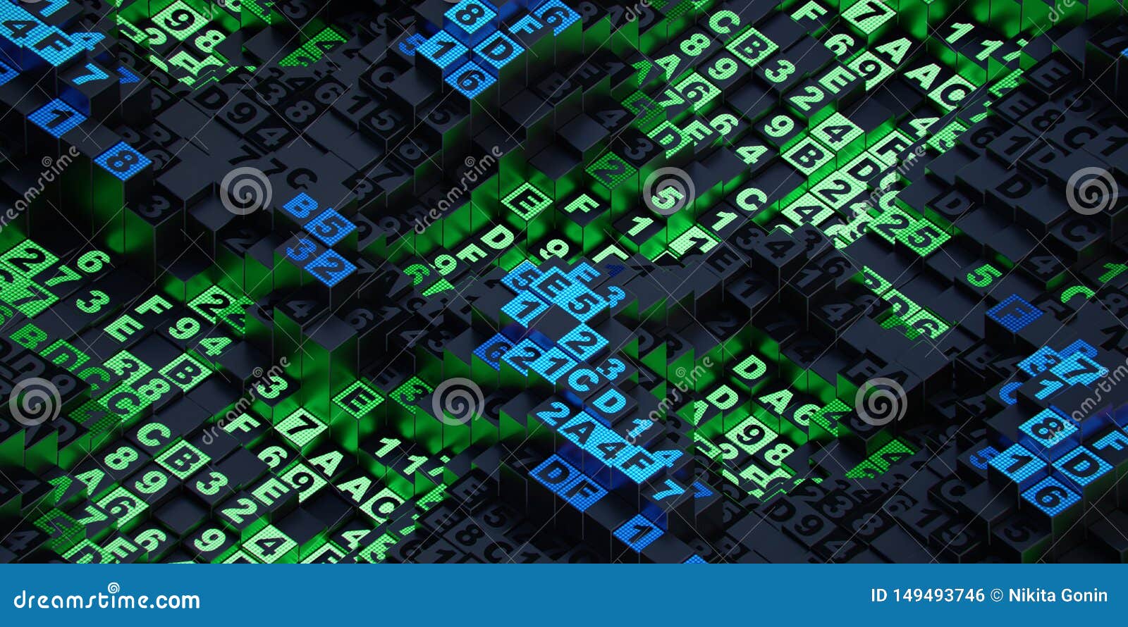 Green and Blue HEX Programming Code 3D Rendering Stock Illustration ...