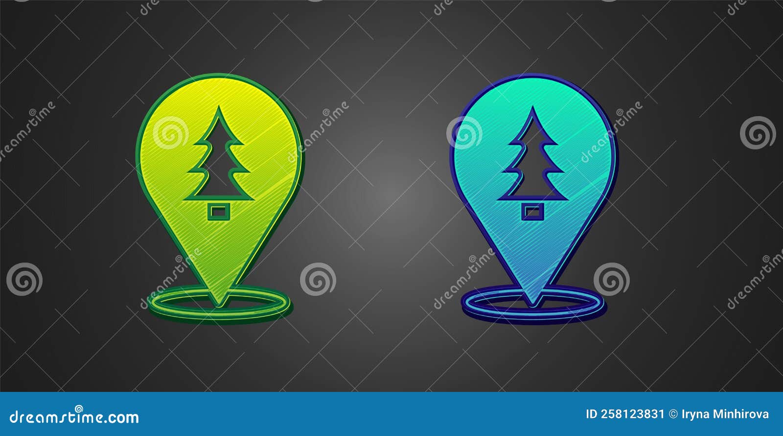 Green and Blue Location of the Forest on a Map Icon Isolated on Black ...