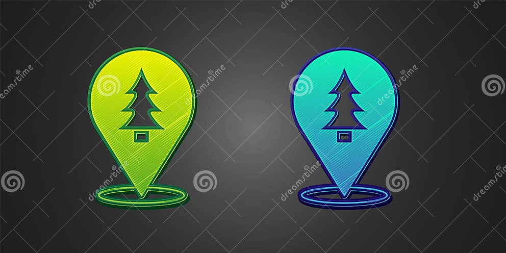 Green and Blue Location of the Forest on a Map Icon Isolated on Black ...