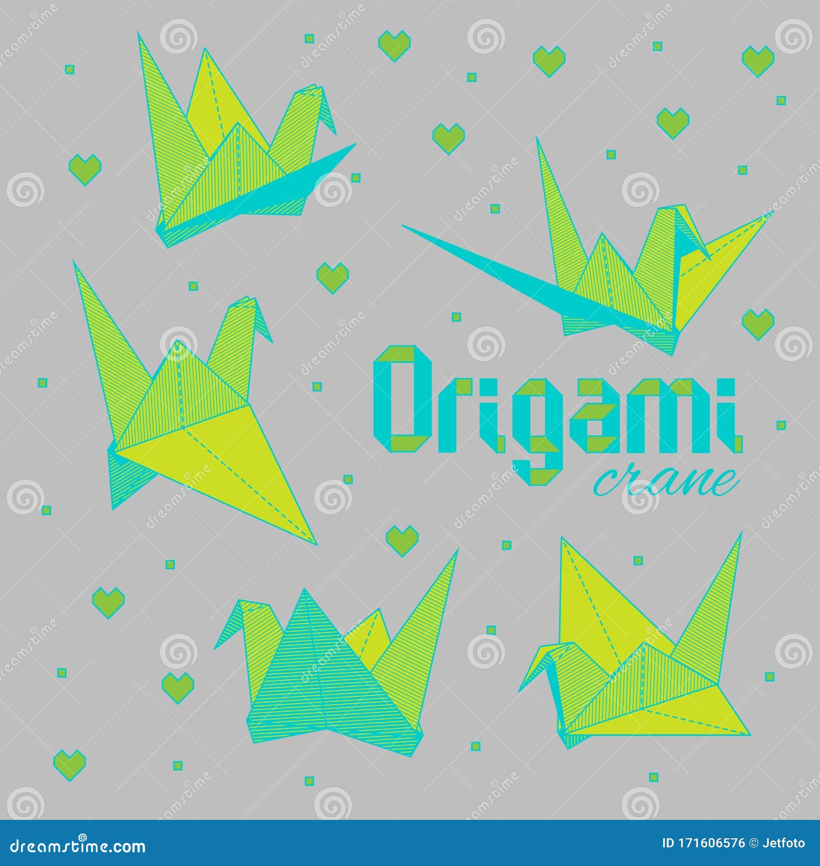 Green and Blue Origami Cranes on Grey Background Stock Vector ...
