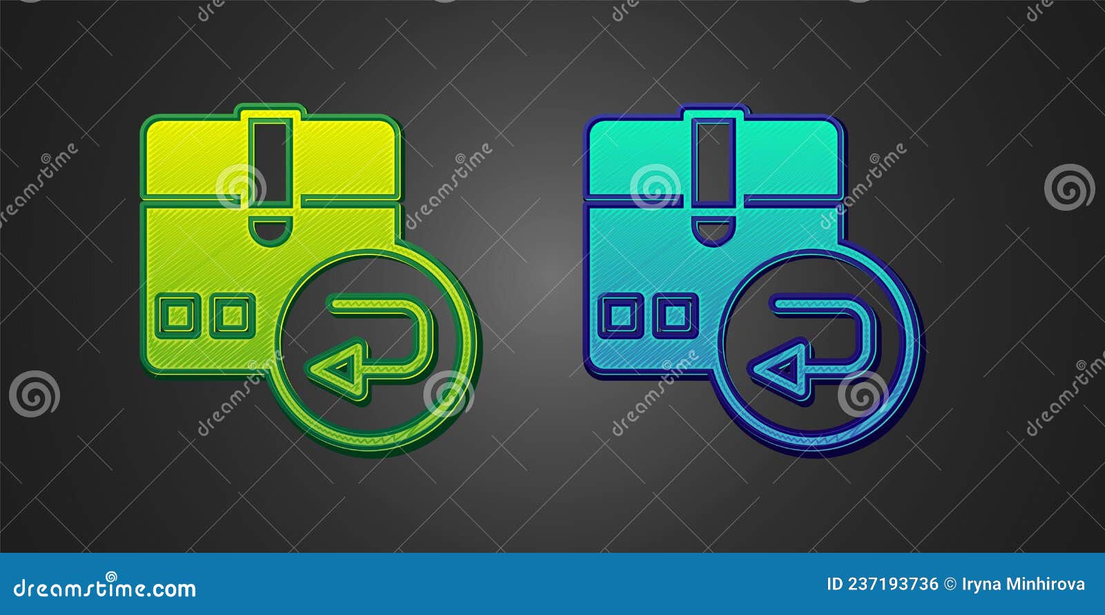 Green and Blue Return Cardboard Box Icon Isolated on Black Background ...