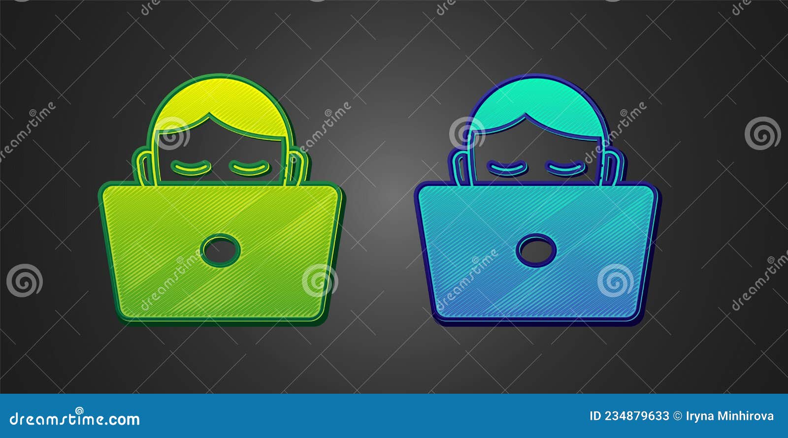 Green and Blue Student Working at Laptop Icon Isolated on Black ...