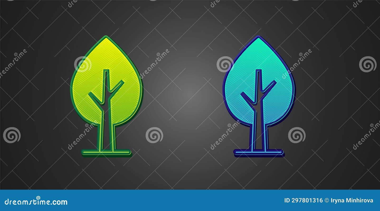Green and Blue Tree Icon Isolated on Black Background. Forest Symbol ...