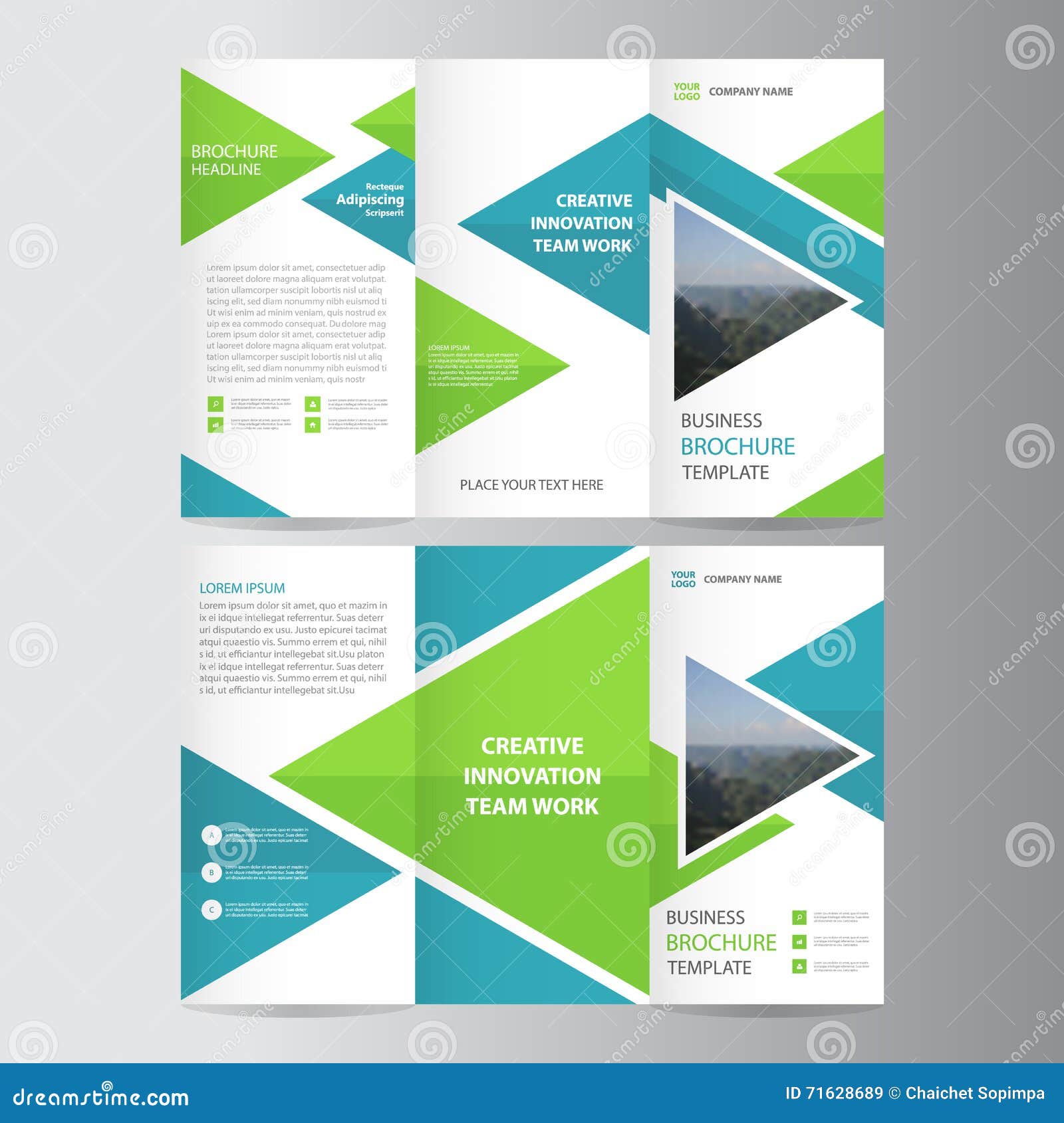 Green Blue Triangle Trifold Business Leaflet Brochure Flyer Temp Stock ...