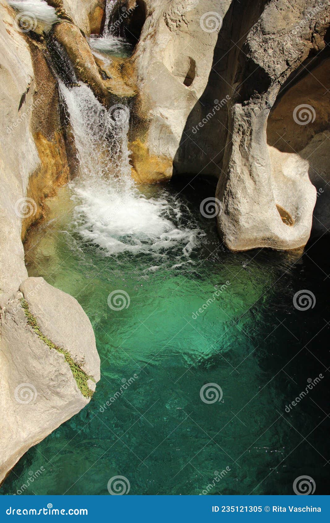 Green and Blue Water. Small Waterfall in Mountains Stock Image - Image ...