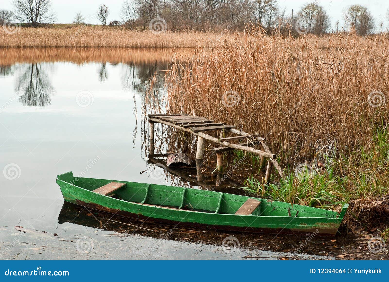Green boat stock photo. Image of mirror, reed, brushwood - 12394064